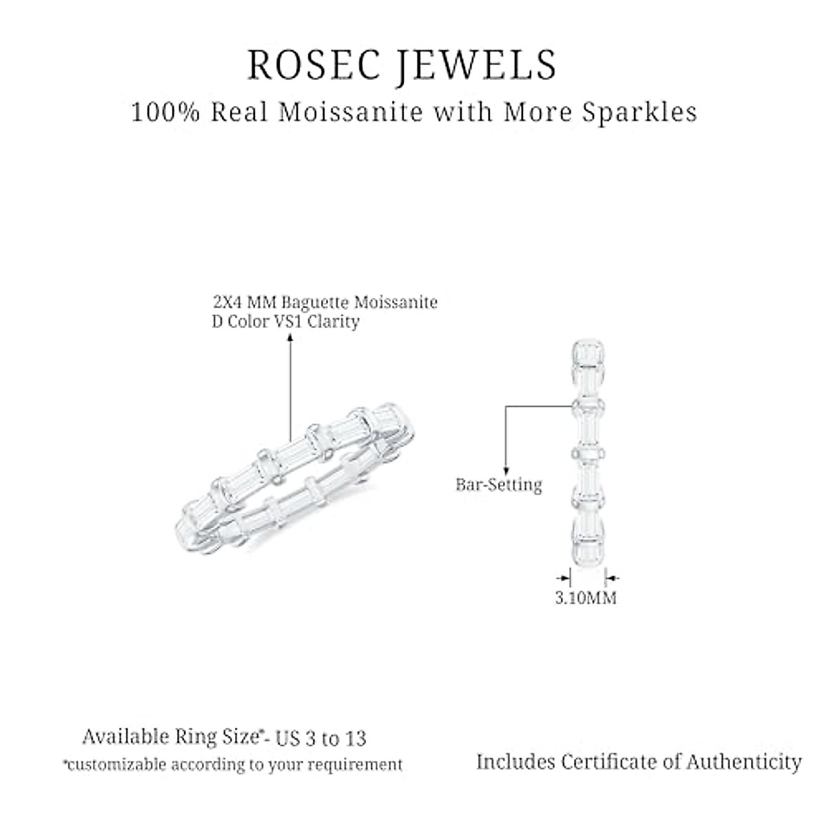 Certified Moissanite Diamond Eternity Band, D-Vs1 Quality, East West Ring, Moissanite Anniversary Ring - With Jewelry Box, 14K White Gold, Size:US 7.00