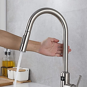 Yalsfowe Touch on Kitchen Faucet, Kitchen Faucet with Pull Down Sprayer, Smart Sensor Kitchen Facucet Stainless Steel, Kitchen Sink Faucet with Temperature Display, 360° Kitchen Mixer Tap,Brushed nick