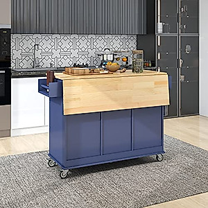 FEELLE Rolling Mobile Kitchen Island with Drop Leaf - Solid Wood Top, Locking Wheels & Storage Cabinet 52.7 Inch Width（Dark Blue）