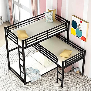 Harper & Bright Designs L-Shaped Metal Triple Bed, Metal Twin Over Twin Over Twin Bunk Bed Frame with Two Ladder, Full-Length Guardrails, 3 Bunk Beds for Kids Teens Adult, Black