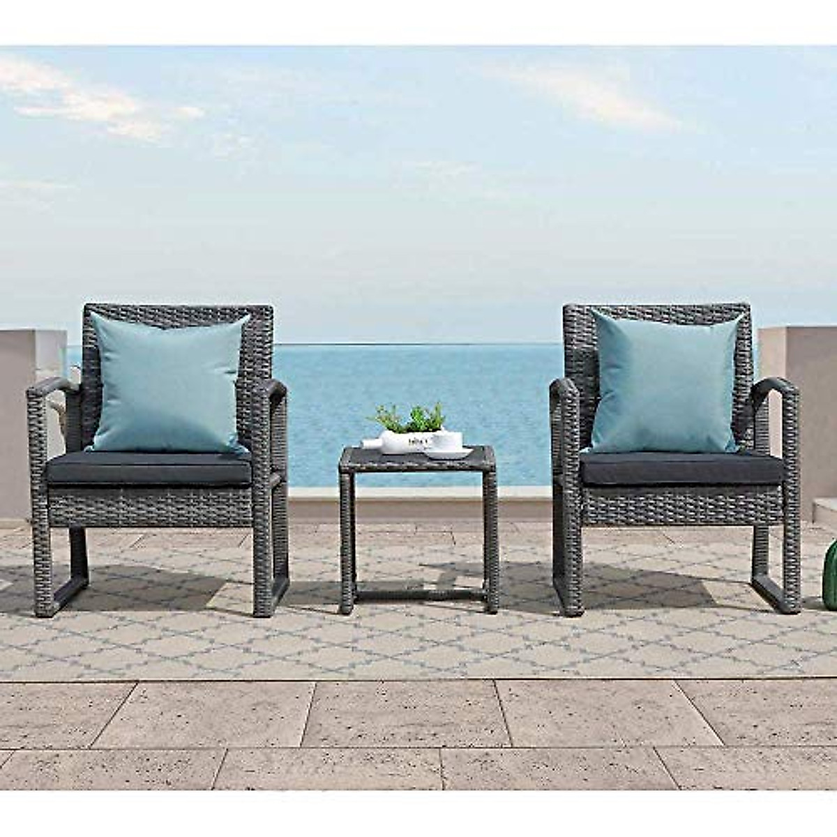 Patiorama 3 Pieces Outdoor Patio Furniture Set, Outdoor Wicker Conversation Set, Patio Rattan Chair Set, Modern Bistro Set with Coffee Table, Garden Balcony Backyard Poolside (Dark Grey)