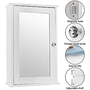Bonnlo Bathroom Cabinet Wall Mount Mirrored Medicine Cabinet Storage Organizer with Single Door and 2 Adjustable Shelves White