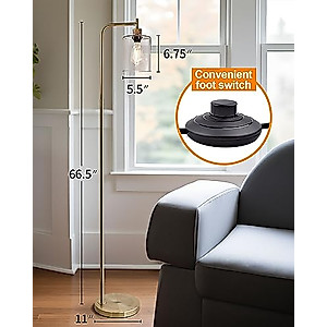 Oneach 66.5 '' Industrial Floor Lamp for Living Room Modern Standing Lamps with Hanging Clear Glass Shade Reading Tall Pole Lamp for Bedroom Office Study Room AB Antique Brass（Bulb Included）