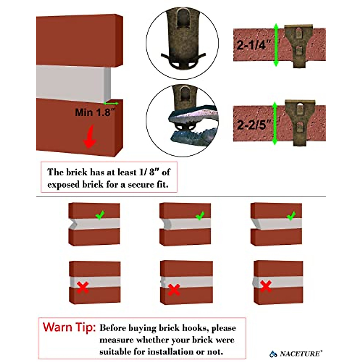 NACETURE Brick Hook Clips (4 Pack) Outdoor Brick Hangers Wall Clips for Hanging - Mounting to Brick Without Drilling, Heavy Duty Metal Hangers for Outside Home Decor, Fits 2-1/4 to 2-2/5 Inch