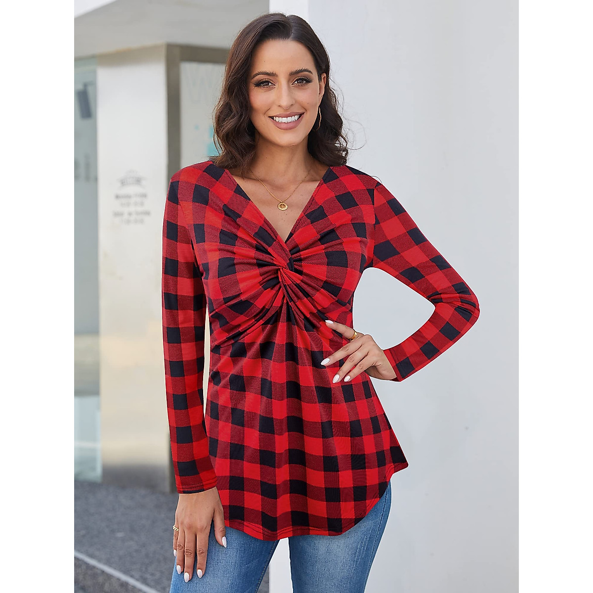 Bulotus Red and Black Plaid Tops for Women, Christmas Tops for Women Dressy Fashion 2022 Long Sleeve Sexy V Neck Shirts for Work Women's Fall Tunics to Wear with Leggings, Red Black Plaid, M