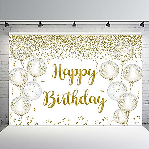 MEHOFOND 10x7ft White Gold Balloons Birthday Party Backdrop Confetti Balloons Gold Glitter Spots Girl Princess Bday Background Decoration Supplies Photo Booth Props