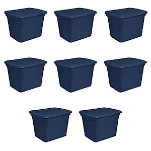 Sterilite 18 Gal Storage Tote, Stackable Bin with Lid, Plastic Container to Organize Clothes in Closet, Basement, Blue Base and Lid, 8-Pack