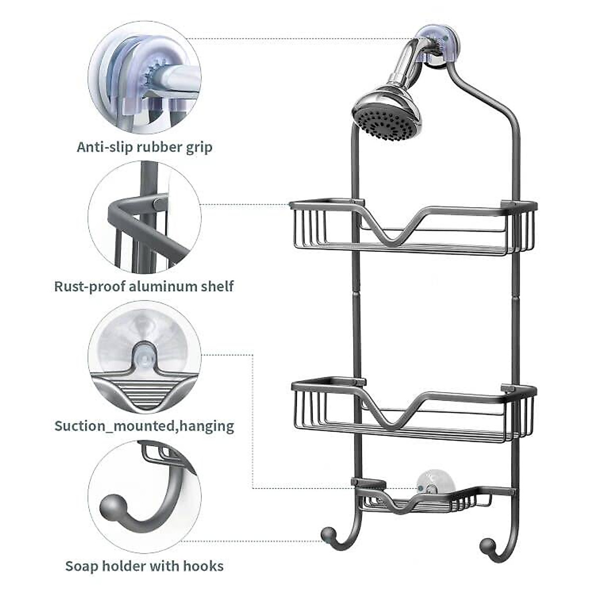 Lucalda Shower Caddy, Shower Caddy over Shower Head Bathroom Shower Hanging Caddy Aluminum, Hanging Shower Organizer over the Head Shower Rack, 2 Hooks Soap Shelf Gray, 25.2" × 10.6" × 4.3"