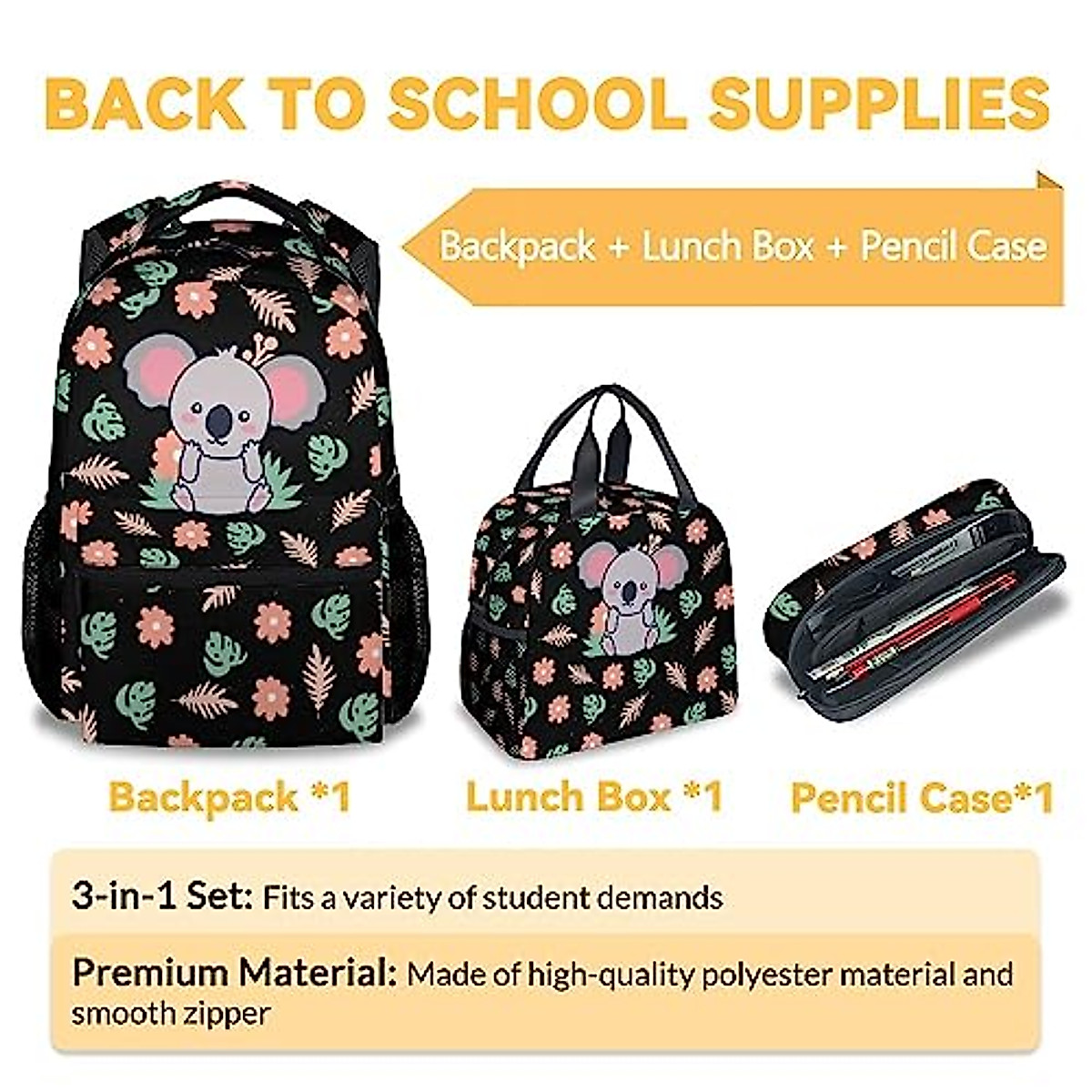 AIOMXZZ Koala Backpack with Lunch Box And Pencil Case, 16 Inch Cute Koala Bookbag Durable, Lightweight, Large Capacity, Funny Animal Backpack for School Girls Kids Women