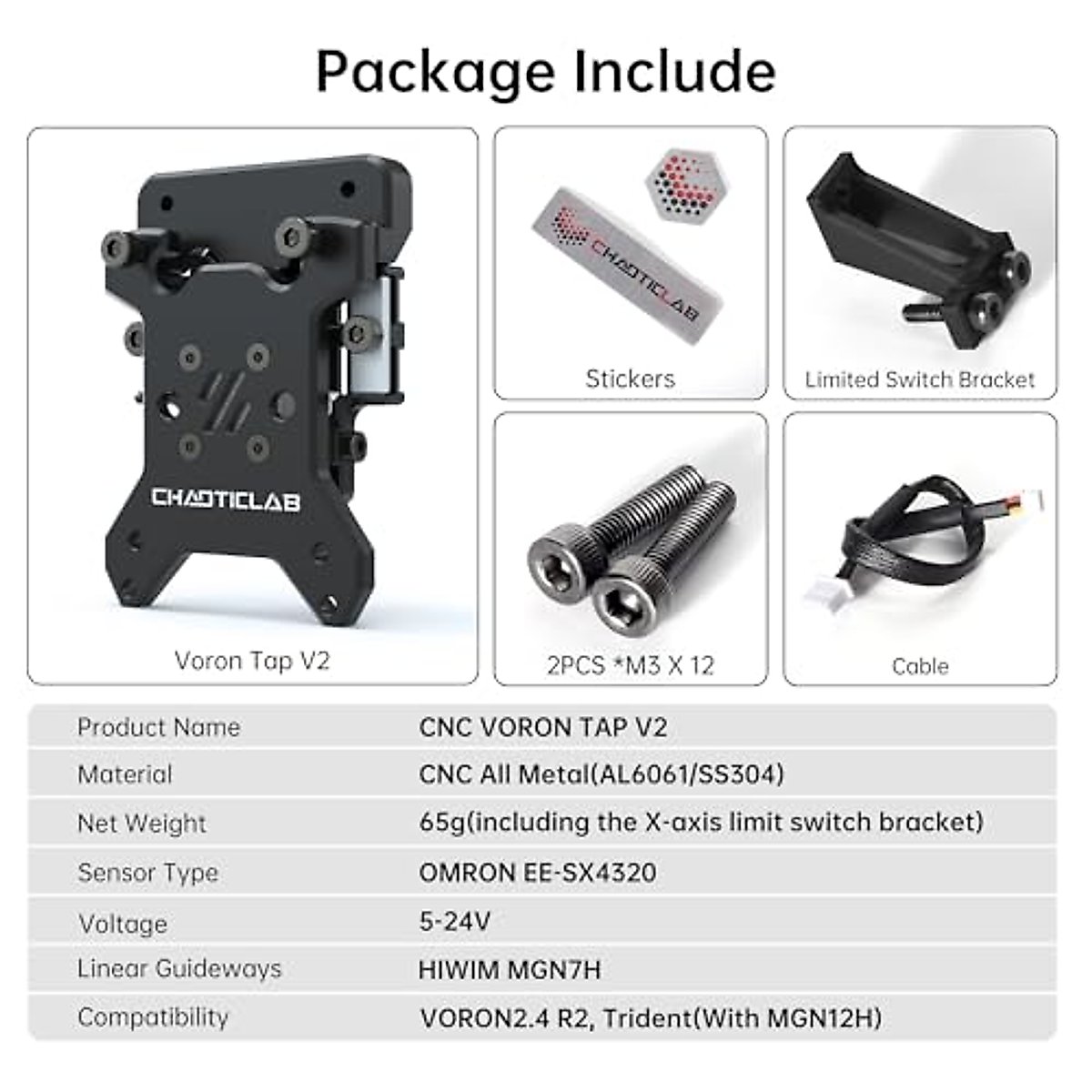 CHAOTICLAB Voron Tap V2.0, Voron CNC Tap Leveling Sensor for Voron2.4 R2 / Trident 3D Printers, All Metal CNC Machining, Support 5-24V, Only for MGN12 X-Axis, Black