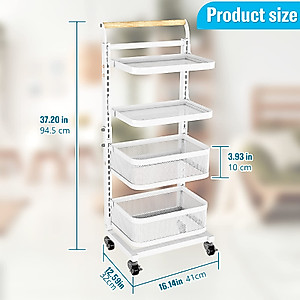 7 code 4 Tier Rolling Utility Cart, Multifunctional Detachable Utility Storage Cart for Kitchen, Rolling Metal Organization Cart with Handle & Lockable Wheels, White