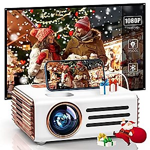 WiFi Bluetooth Native 1080P Projector[Projector Screen Included], 9500L Full HD Outdoor Movie Projector, Full-Sealed Optical Engine, Portable Projector Compatible with iOS/Android/PS4/TV Stick/HDMI
