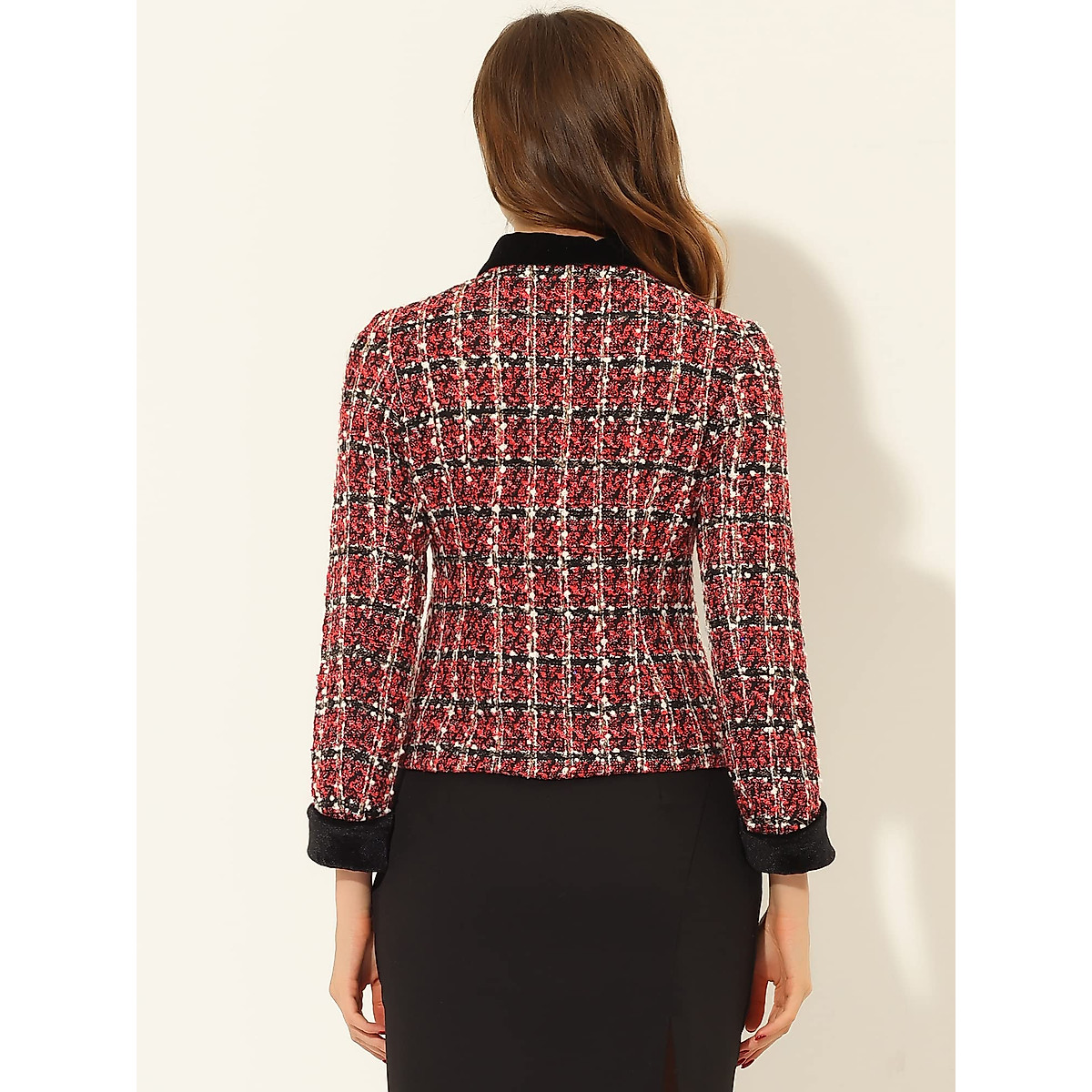 Allegra K Women's Elegant Vevelt Collared Tweed Blazer Jacket Coat X-Small Red