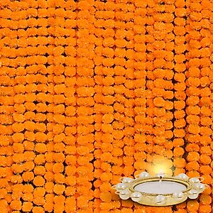 Marigold Garland for Decoration 5 Feet Indian Artificial Flowers for Diwali, Christmas, Party, Wedding Backdrop, Pooja & Cempasuchil Garlands Mexican Day of The Dead Halloween with 1 Diya (Orange 5)