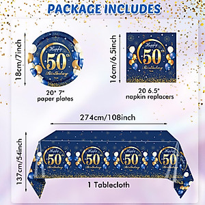 41PCS 50th birthday decorations men Navy Blue and Gold 50th Anniversary Decorations Disposable Tableware Include Plates Napkins Tablecloth Serve 20