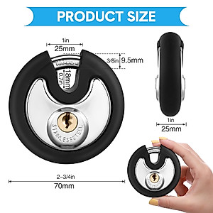 Chumia 10 Pack 70 mm Pad Lock Keyed Alike Padlocks Stainless Steel Discus Lock, 2 Keys Per Lock, Outdoor Round Disc Lock for Storage Unit, Sheds, Garages and Fence, Black Rubber Bumper Sheath