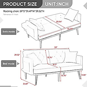 Antetek Convertible Futon Sofa Bed, 59-inch Modern Velvet Sleeper Sofa Small Loveseat with Two Pillows, 3 Adjustable Positions and 6 Golden Metal Legs Furniture for Living Room and Bedroom, Grey