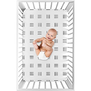 Sweet Jojo Designs White and Black Boho Mudcloth Boy Girl Fitted Mini Crib Sheet Baby Nursery Portable Crib Pack and Play Black and White Bohemian Woodland Tribal Southwest Mud Cloth Hatch Triple Line
