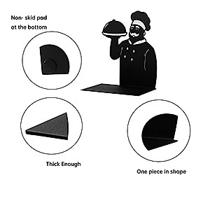 Cookbook Bookends, Sturdy Decorative Book Ends for Kitchen, Heavy Duty Metal Book Stoppers to Hold Recipe Upright on Their Own, Professional Cook Book Decoration (1 Pair of Black Chef)