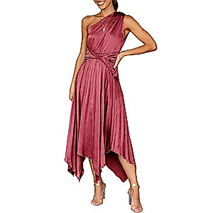 ANRABESS Women's Summer One Shoulder Elegant Cocktail Party Midi Dress Sleeveless Pleated Asymmetric Satin Evening Night Dress Wedding Guest Graduation Prom Dresses 751zaohong-S Maroon