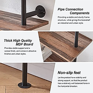 HOMISSUE Industrial Bookshelf 5-Tier Open Wall Mount Ladder Bookshelf, Modern Bookcase with Metal Frame and Wood for Home Office, Wall Mounted Industrial Iron Pipe Shelf, Oak Brown