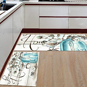 Infinidesign 2 Piece Kitchen Mat Non-Slip Floor Mat Super Soft Indoor Rugs Bathroom Area Rugs Doormat Runner Rug Set Carpet,Forever Home Mason Jar Floral (15.7"x23.6"+15.7"x47.2" inches)