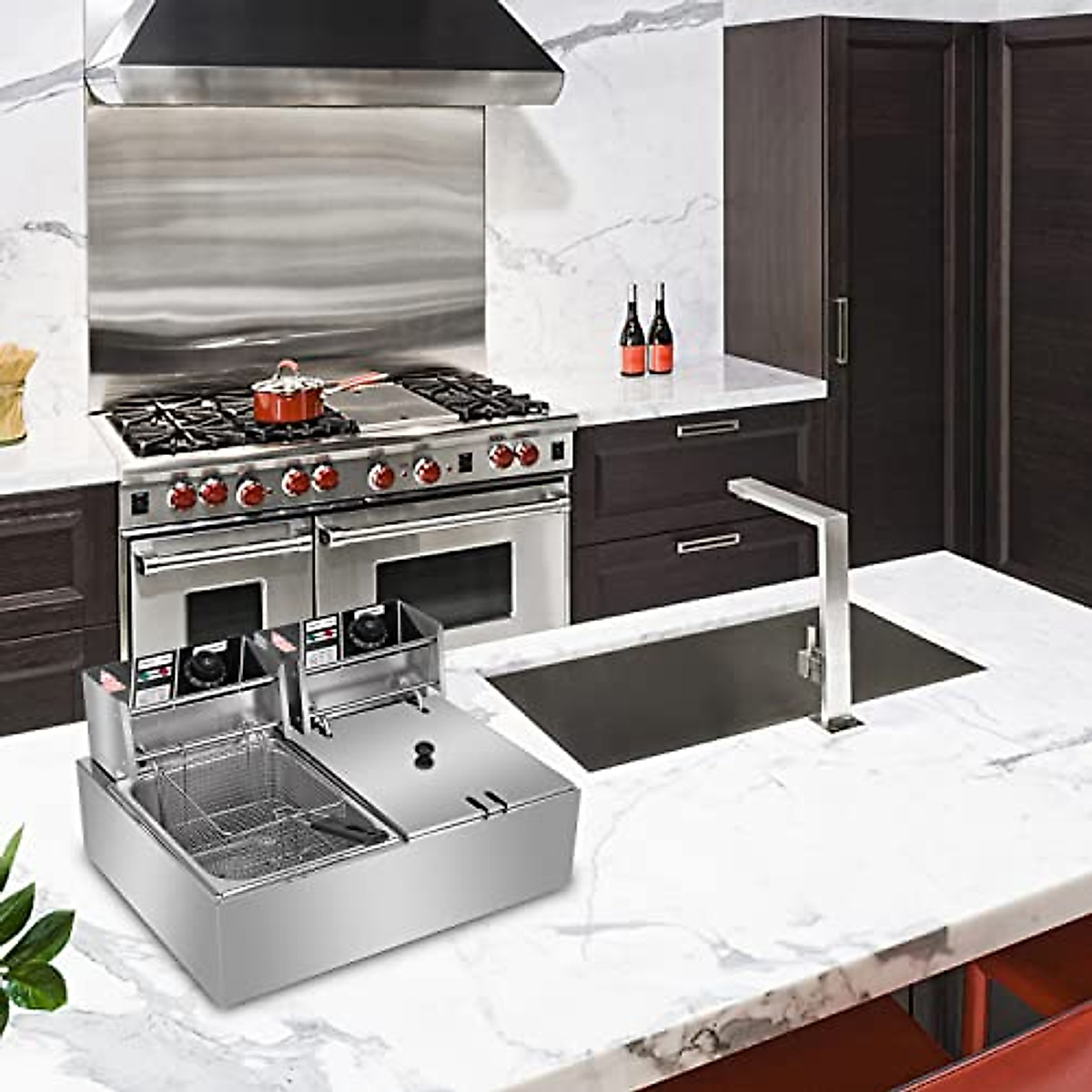 ROVSUN 22.8QT Electric Deep Fryer w/ 2 Baskets & Lids, 21.6L Stainless Steel Commercial Double Fryer, Countertop Kitchen Frying Machine w/ Temperature Control, French Fries Donuts 5000W