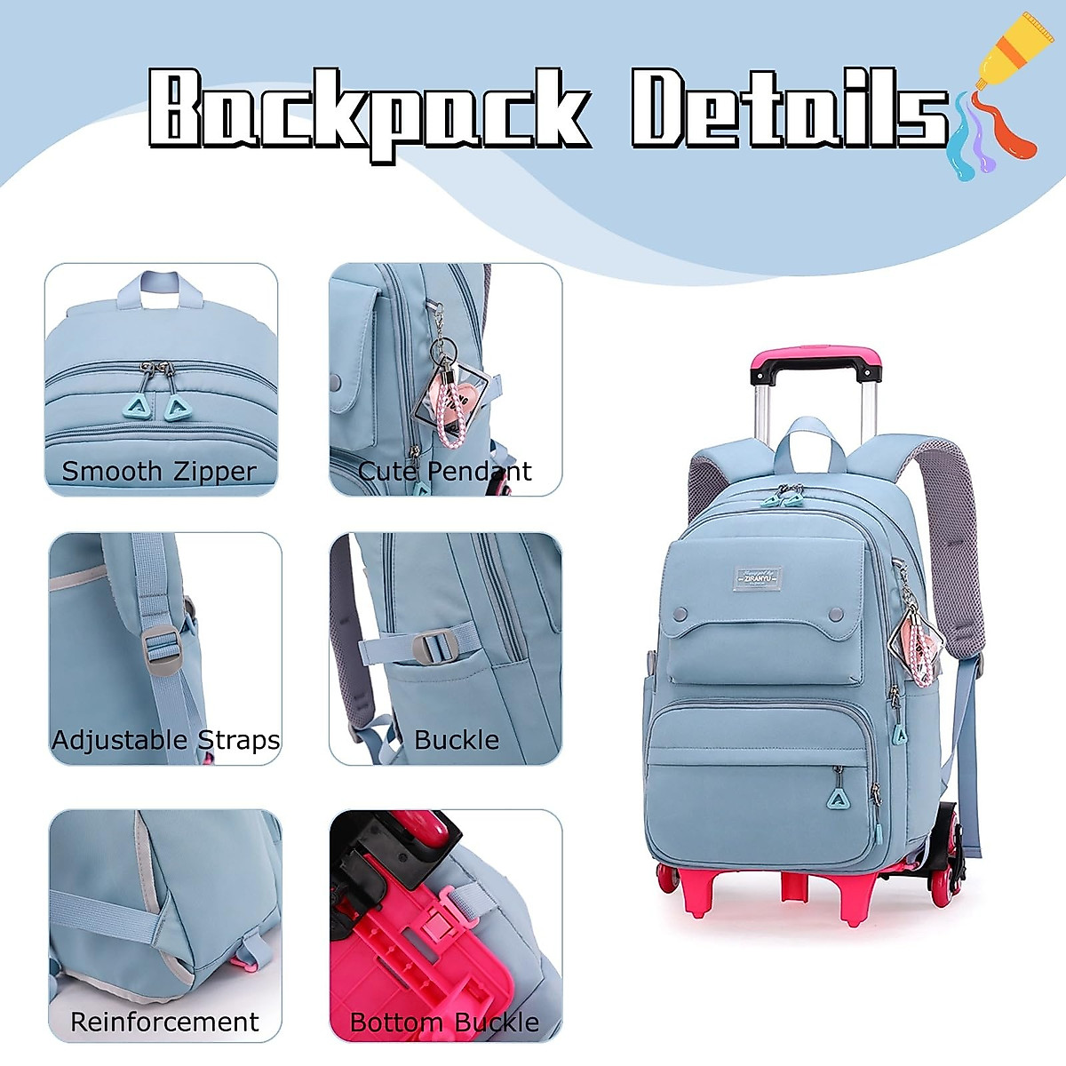 LANSHIYA Solid Color Girls Rolling Backpack with Wheels Schoolbag Elementary School Student Trolley Daypack Outdoor Travel bag