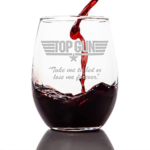 Top Gun Etched Stemless Wine Glass - with Logo & Quote "Take me to bed" - Officially Licensed, Premium Quality, Handcrafted Glassware, 15oz., Perfect Collectible Gift for Movie Enthusiasts