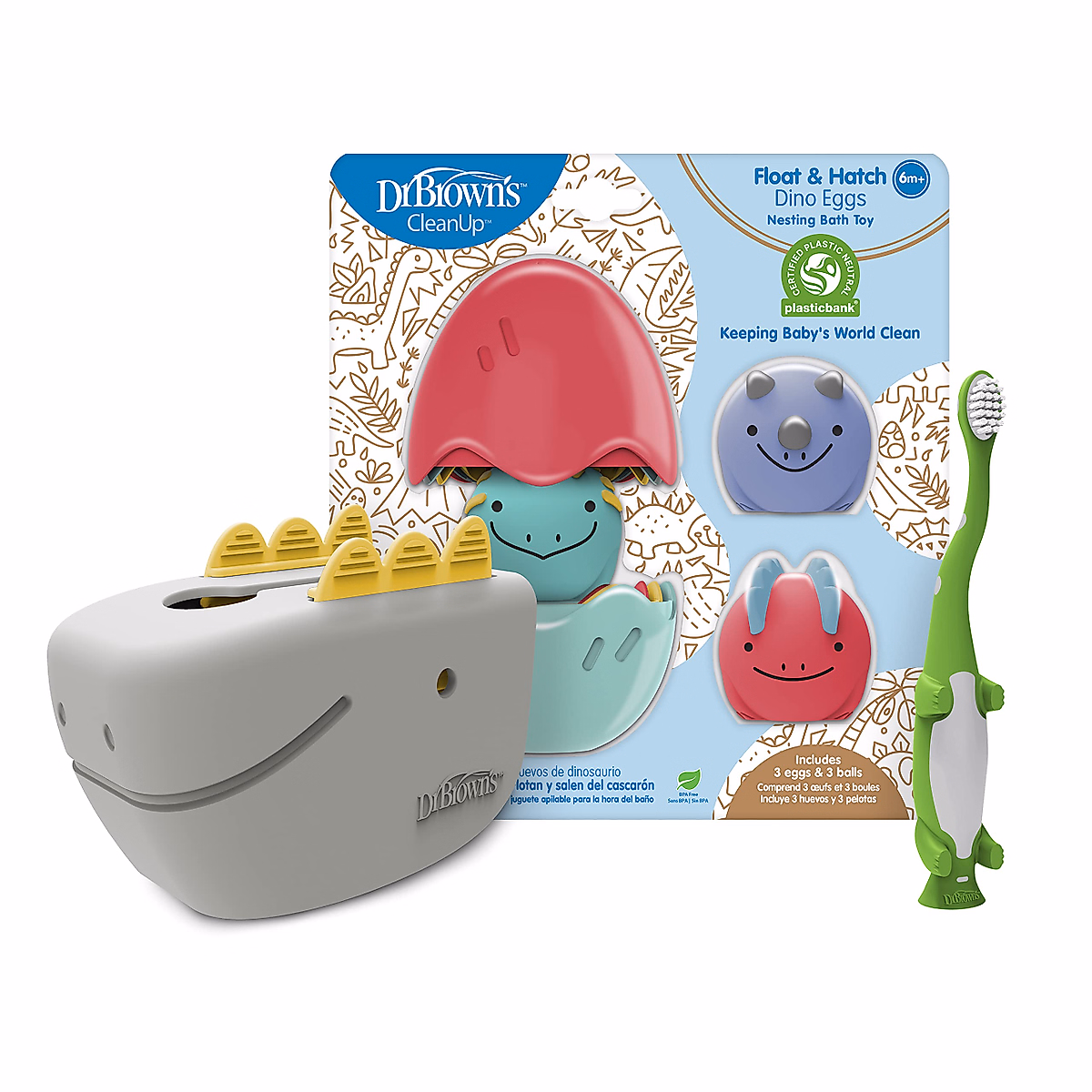 Dr. Brown's Baby and Toddler Toothbrush, Green Dinosaur 1-Pack 1-4 Years, CleanUp Float & Hatch Dino Eggs Bath Toy, 6m+, Dino-Soft Baby Bath Spout Cover, BPA Free, Certified Plastic Neutral