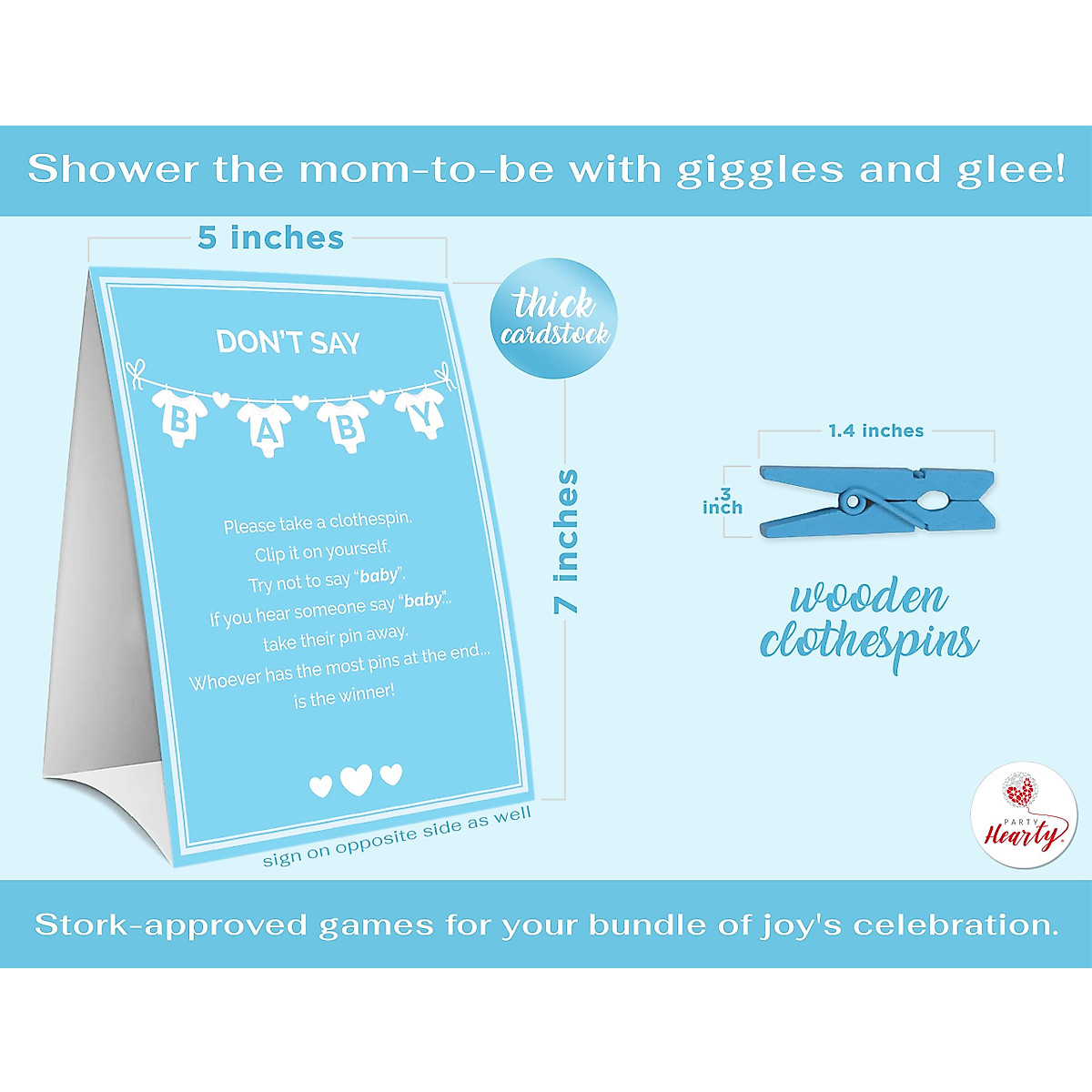 Party Hearty Baby Shower Games for Boy, Don't Say Baby Game,1 Sign and 50 Mini Blue Clothespins, Don't Say Baby Baby Shower Game, Baby Shower Ideas