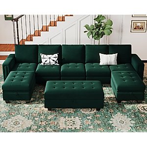 Belffin Modular Sectional Sofa Set Velvet U Shaped Sofa Set with Reversible Wide Chaise Convertible Corner Sectional Sofa Couch Set with Storage Ottoman Green
