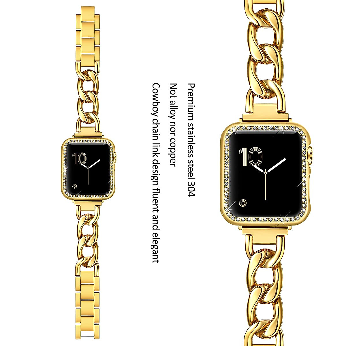 Dilando Cool Chain Metal Link Bands Compatible with Apple Watch 40mm 38mm 41mm 42mm 44mm 45mm Women Men, Gold Stainless Steel Bracelet with Bling Case for Iwatch SE Series 8 7 6 5 4 3 2 1 (Gold, 40mm)