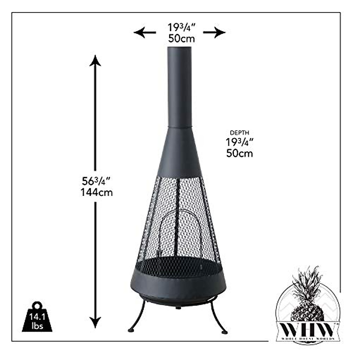Scandi Garden Chiminea, Free Standing Fireplace, Modern Farmhouse Style, Black, Removable Grill, 360 Degree View Basket, Iron, 19.75 D x 56.75 H Inches