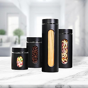 JS Gourmet 4 Pcs Stainless Steel Canisters Set for Kitchen with Glass Window and Airtight Lid, Perfect for Storing Coffee, Spaghetti, Sugar, Beans and Dry Ingredients (Black)