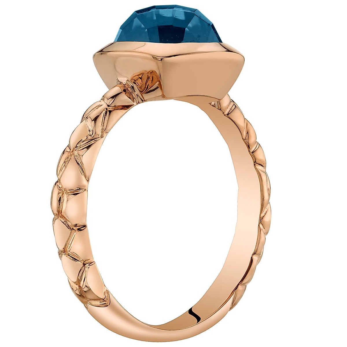 PEORA London Blue Topaz Solitaire Ring for Women 14K Rose Gold, Genuine Gemstone Birthstone, 2.50 Carats Cushion Cut 7mm, Comfort Fit, Size 8