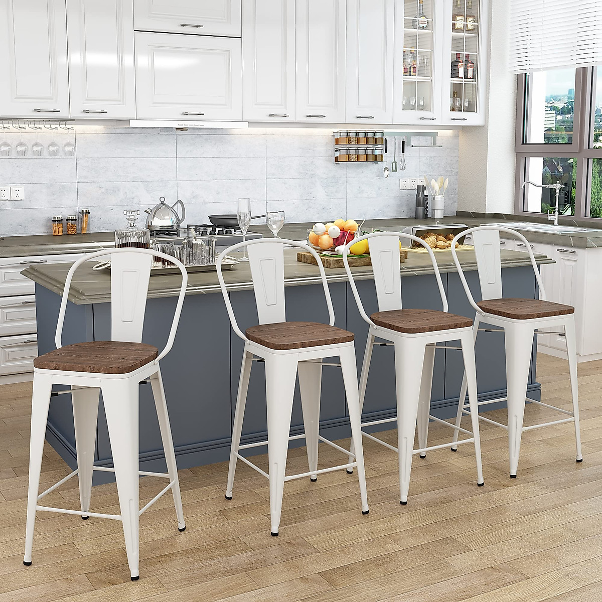 Yongqiang 24" Metal Bar Stools Set of 4 Kitchen Counter Height Bar Chairs High Back Farmhouse Barstools with Large Wooden Seat Cream White