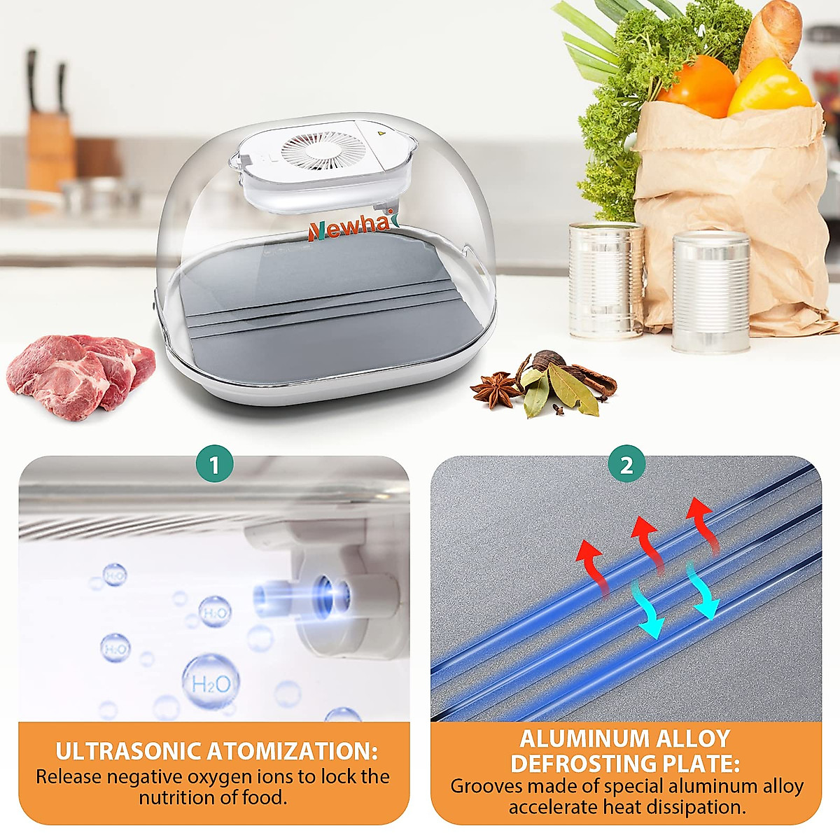 Newhai Defrost Tray for Frozen Meat, Upgraded Defrosting Board 360°Defroster with Atomizer for Beef Chicken Sea Food Kitchen Use