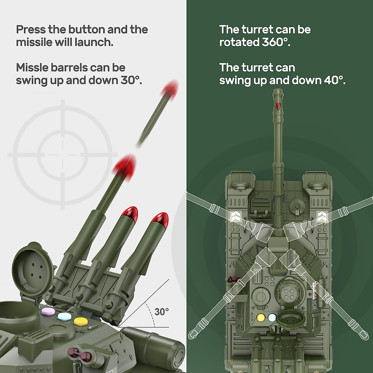 CUTE STONE Military Vehicles Set, Tank Toy Set with Realistic Light and Sound, Rotating Turret and Missile, 4 Pack Assorted Alloy Army Vehicles, Great Military Toy for Kids Boys