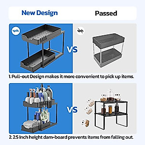 Verdenu Under Sink Organizer, 2 Tier Sliding Drawer Pull Out Organizer and Storage, Under Cabinet Organizer, Bathroom Organizer Under Sink with Hanging Cups and 4 Hooks for Bathroom, Kitchen