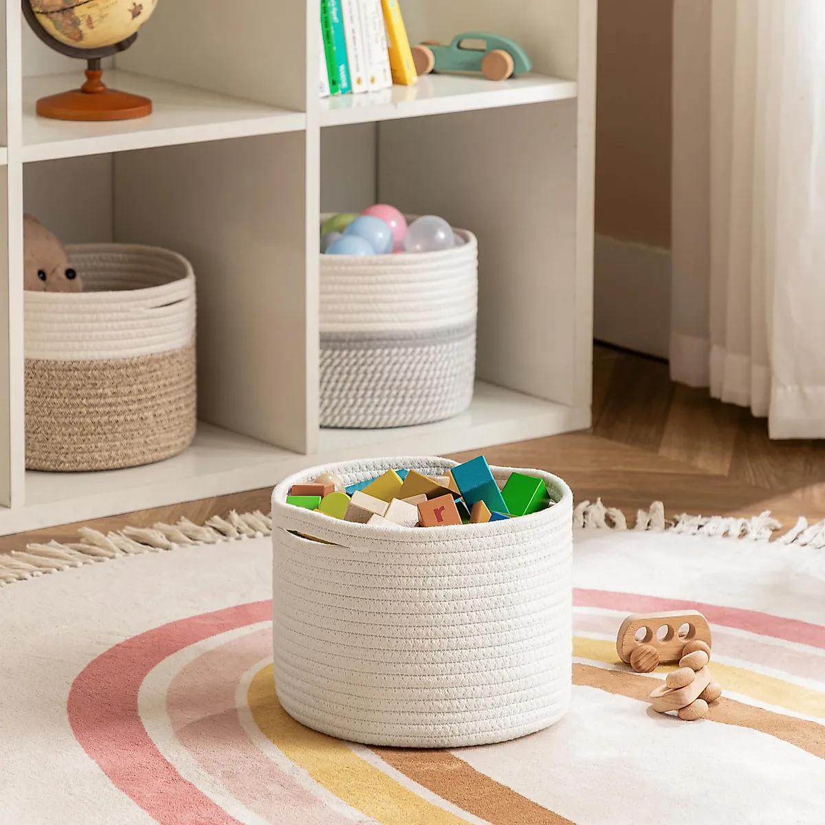 UBBCARE Small Basket for Organizing, Round Woven Basket With Handles, Small Storage Basket for decor, Grey Cotton Rope Basket (9.5" x 9.5" x 7.1")