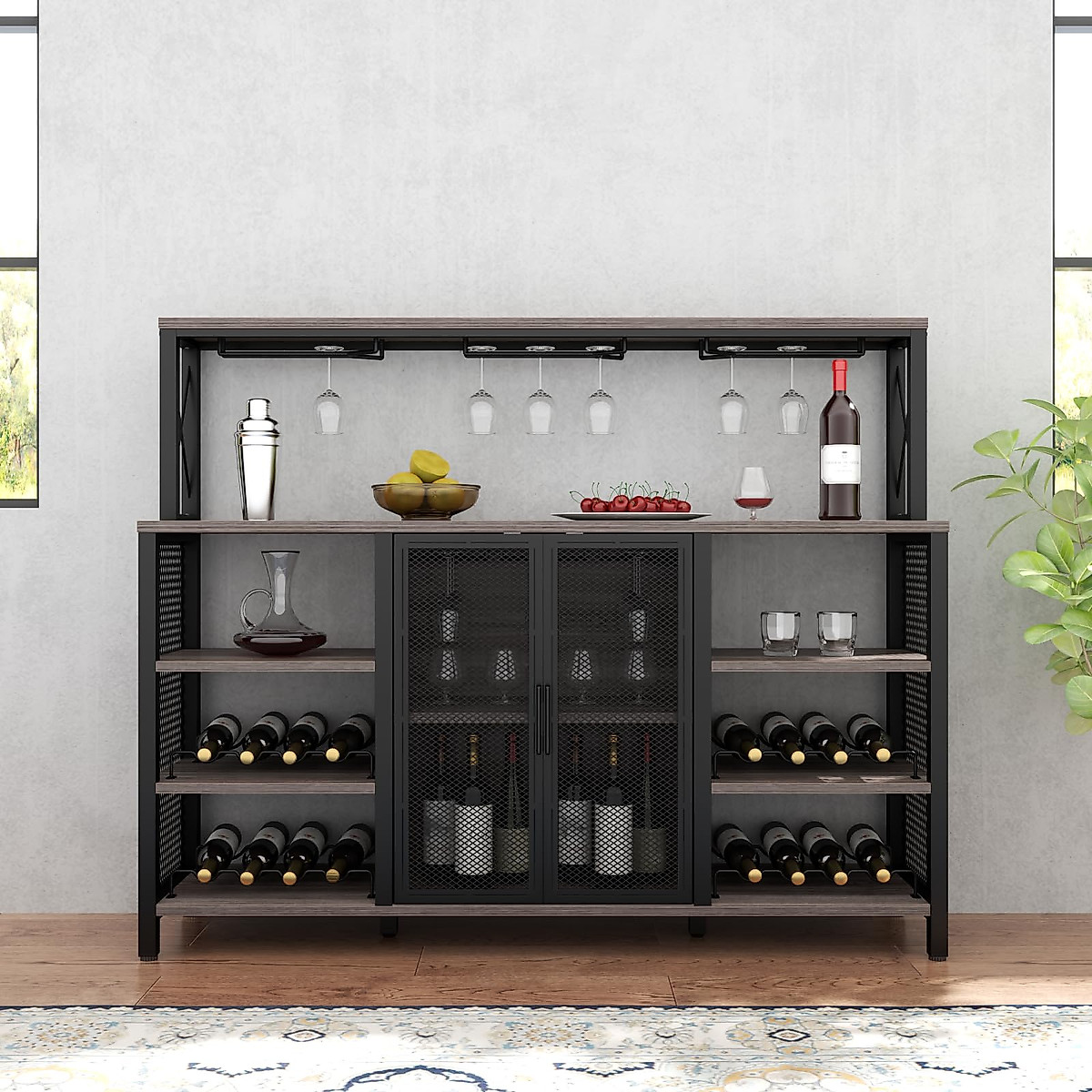 Gyfimoie Wine Bar Cabinet, 55 Inches Industry Coffee Bar Cabinet with Wine Rack and Glass Holder, Kitchen Sideboard Buffet Cabinet with Wine Rack Storage for Liquor and Glasses (Rustic Grey)