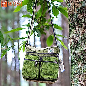 Fwosi Hemp Crossbody Messenger Bag - Unisex School Tote for Men & Women - Lightweight, Bohemian Shoulder Sling Bags - 4 Compartments, Zipper Closure, Adjustable Strap - Handmade in Nepal - Green