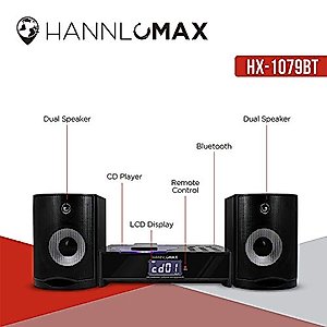 HANNLOMAX HX-1079BT CD Music System, CD Player, PLL FM Radio, Digital Alarm Clock, Bluetooth, Hi-Fi Sound Quality, LCD Display with Backlight, Remote Control Included