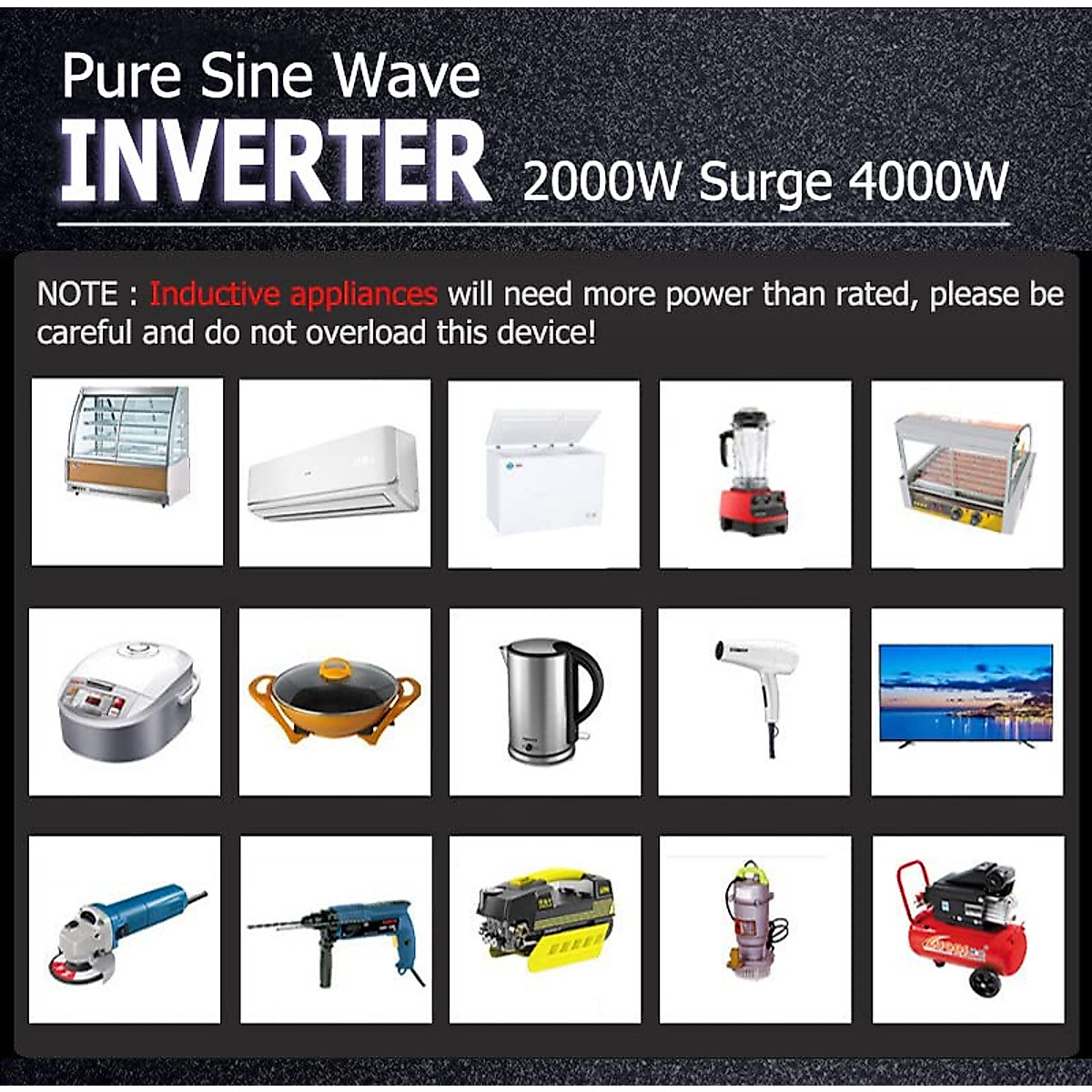 aeliussine 2000W Pure Sine Wave Inverter-12V DC to 120V AC Power Converter with 2 AC Outlets, 12 Volt Power Inverter for Truck, Rv, Camping, Home, Emergency Power