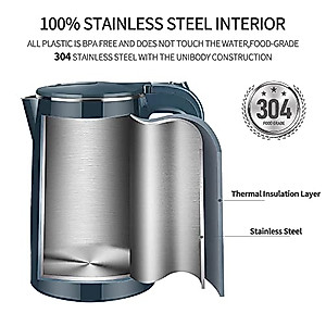 COOKTRON 1.7L Electric Kettle Quiet, Double Wall Hot Water Boiler BPA-Free, Boil and Cool Touch Tea, Cordless with Shut-Off & Dry Protection, 1500W Fast Boiling, Blue, JK17MB-150-01Plus, One Size