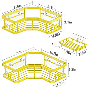MAXIFFE Shower Caddy, 3-Pack Shower Organizer with Soap Holder, Corner Shower Caddy with 8 Hooks, Wall Mounted Shower Shelf for Bathroom, Kitchen, Countertop, Yellow