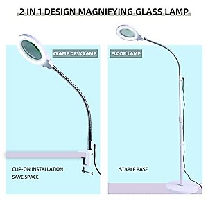 FHHKAAD 2 in 1 Magnifying Floor Lamp 5X with Bright LED Light Adjustable，Flexibility Magnifier Lamp for Reading，Sewing，Repair，Crafts & Hobbies -12W - White