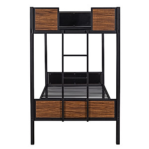 Twin over Twin Metal Bunk Bed, Modern Style Heavy-Duty Steel Frame Bunk Bed with Safety Rail, Built-in Ladder for Bedroom, Dorm, Boys, Girls, Adults (Black + Brown)