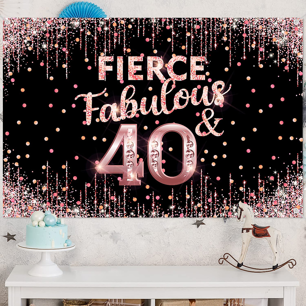 Happy 40th Birthday Backdrop Banner Fierce Fabulous and 40 Decorations for Women 40 Years Old Bday Background Rose Gold Pink Photography Party Decor Sign Supplies